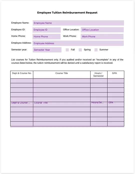 Employee Tuition Reimbursement Request: Fill Free Template